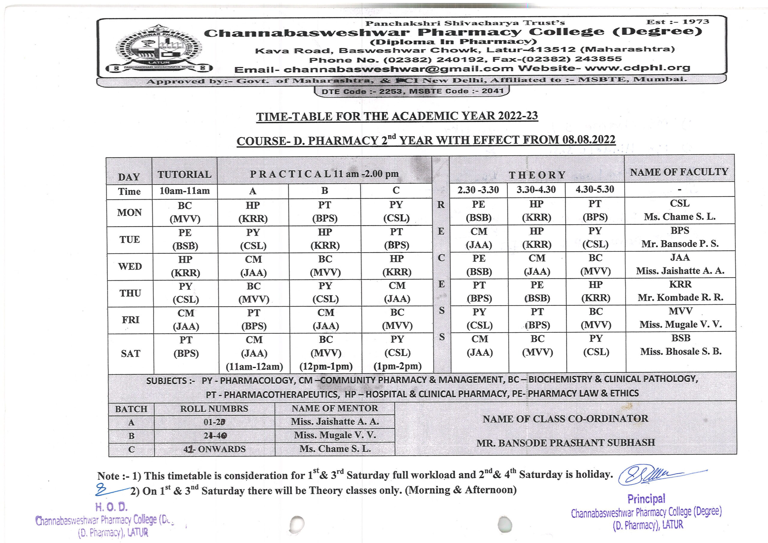 Timetable - Channabasweshwar Pharmacy College (Degree), Latur
